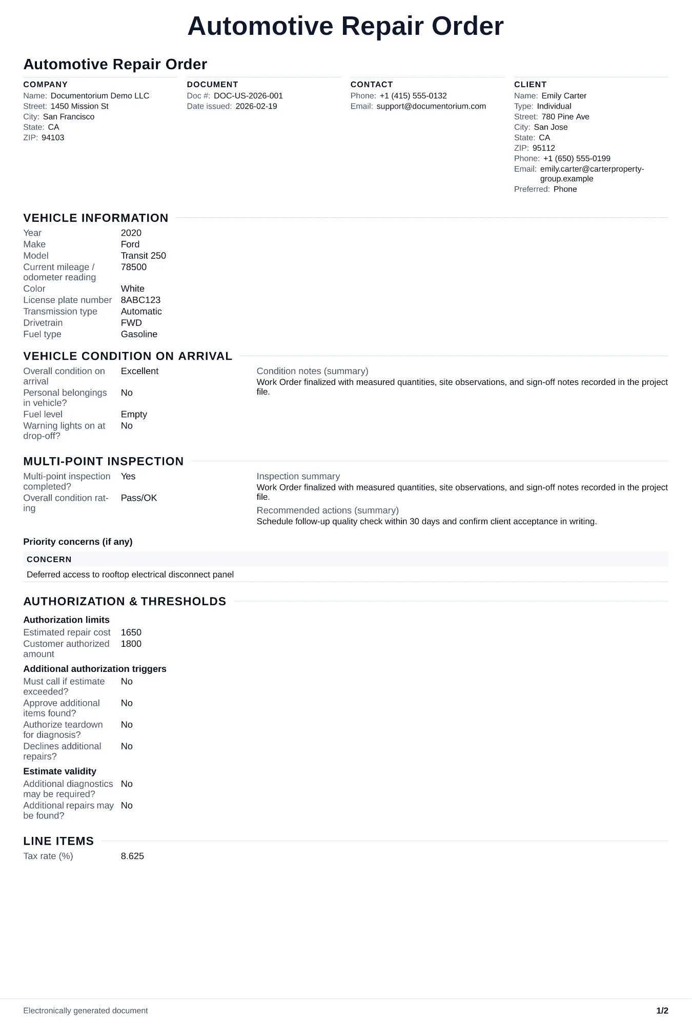 Automotive Repair Order Online Creator | documentorium