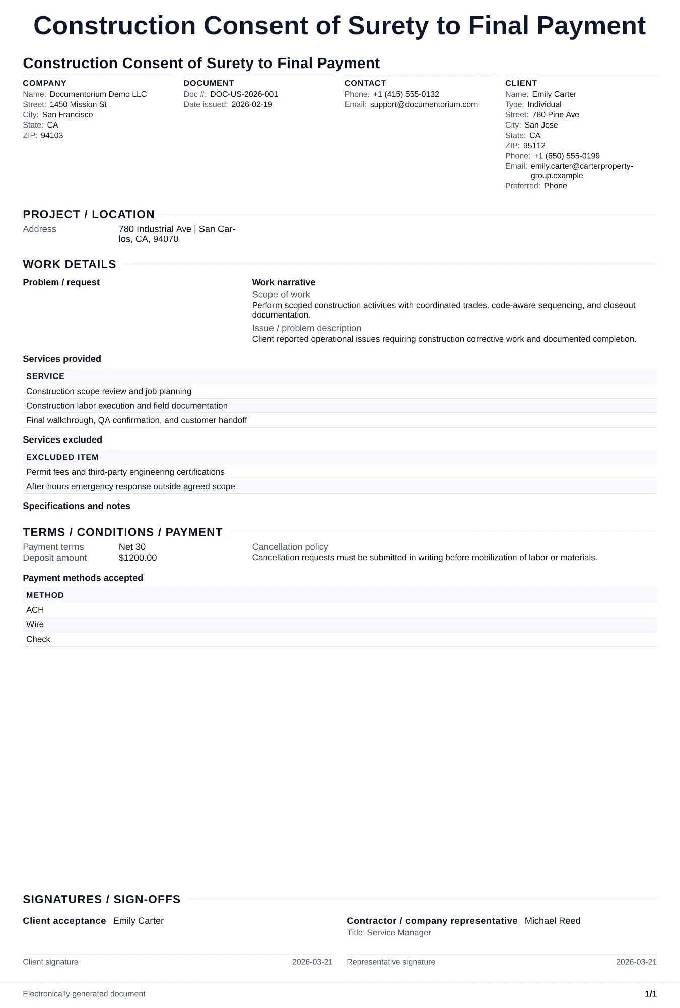 Construction Consent of Surety to Final Payment template and PDF...