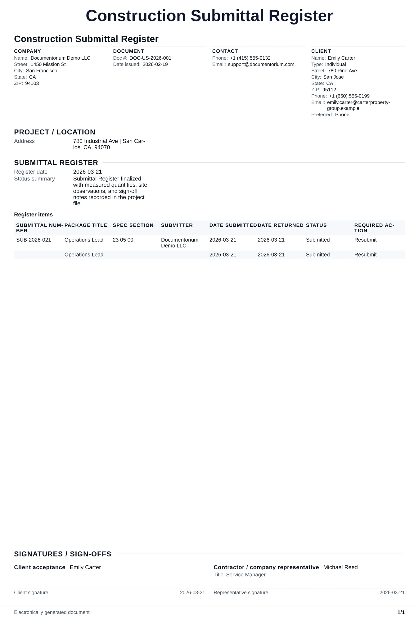 Construction Submittal Register template and PDF guide...